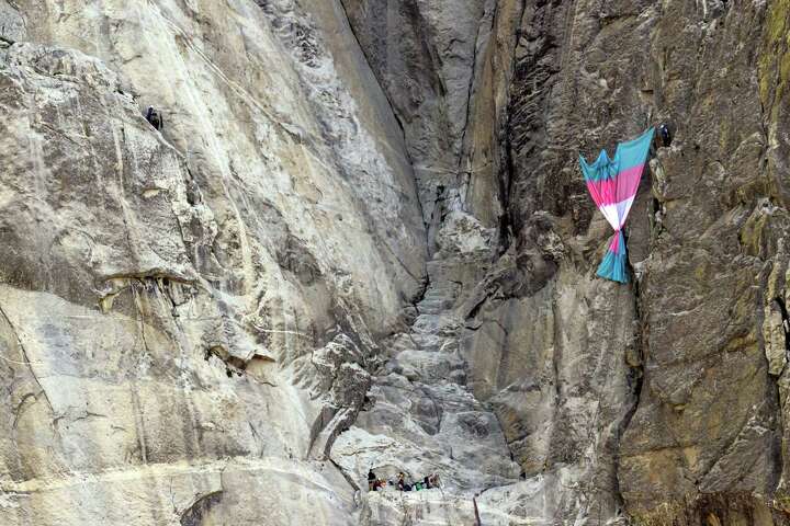 Yosemite climbers just hung huge trans Pride flag from El Capitan