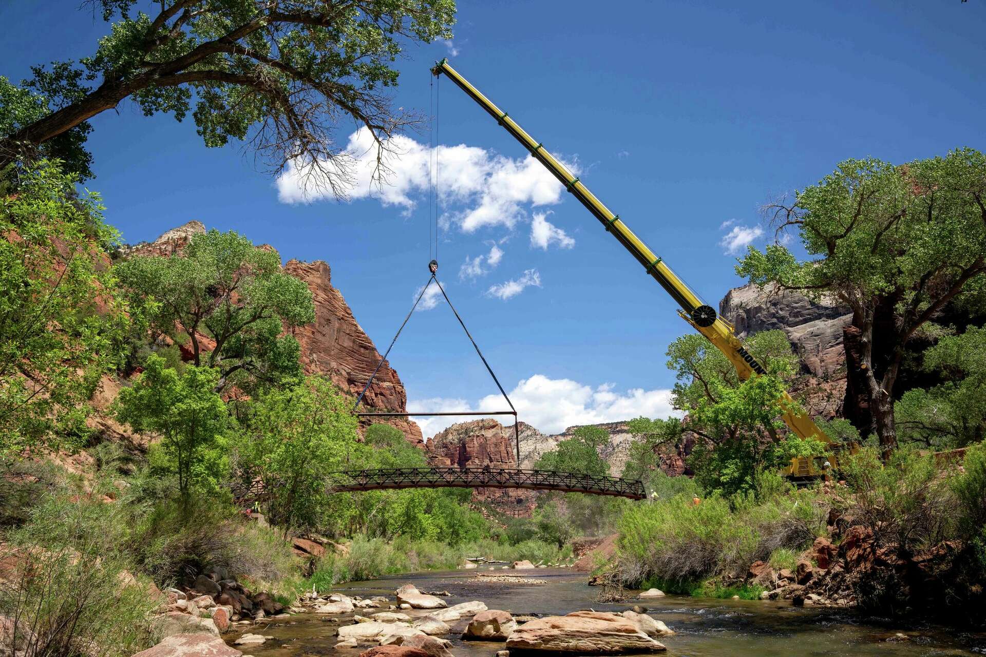 National Parks Service uses crane to move Zion bridge 100 feet away