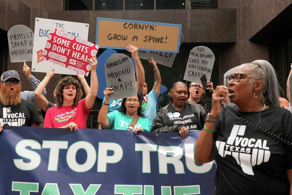 Protesters urge Sen. John Cornyn to vote no on the Big Beautiful Bill