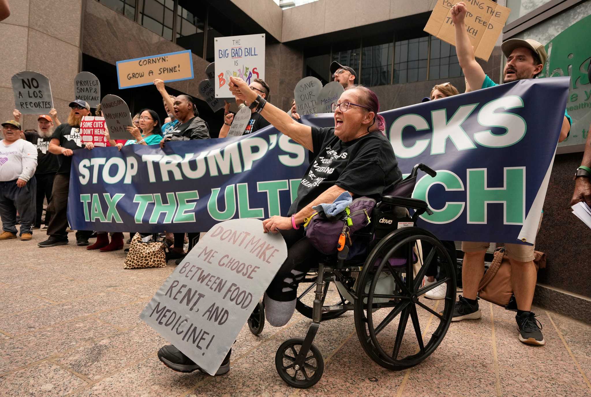 Protesters urge Sen. John Cornyn to vote no on the Big Beautiful Bill
