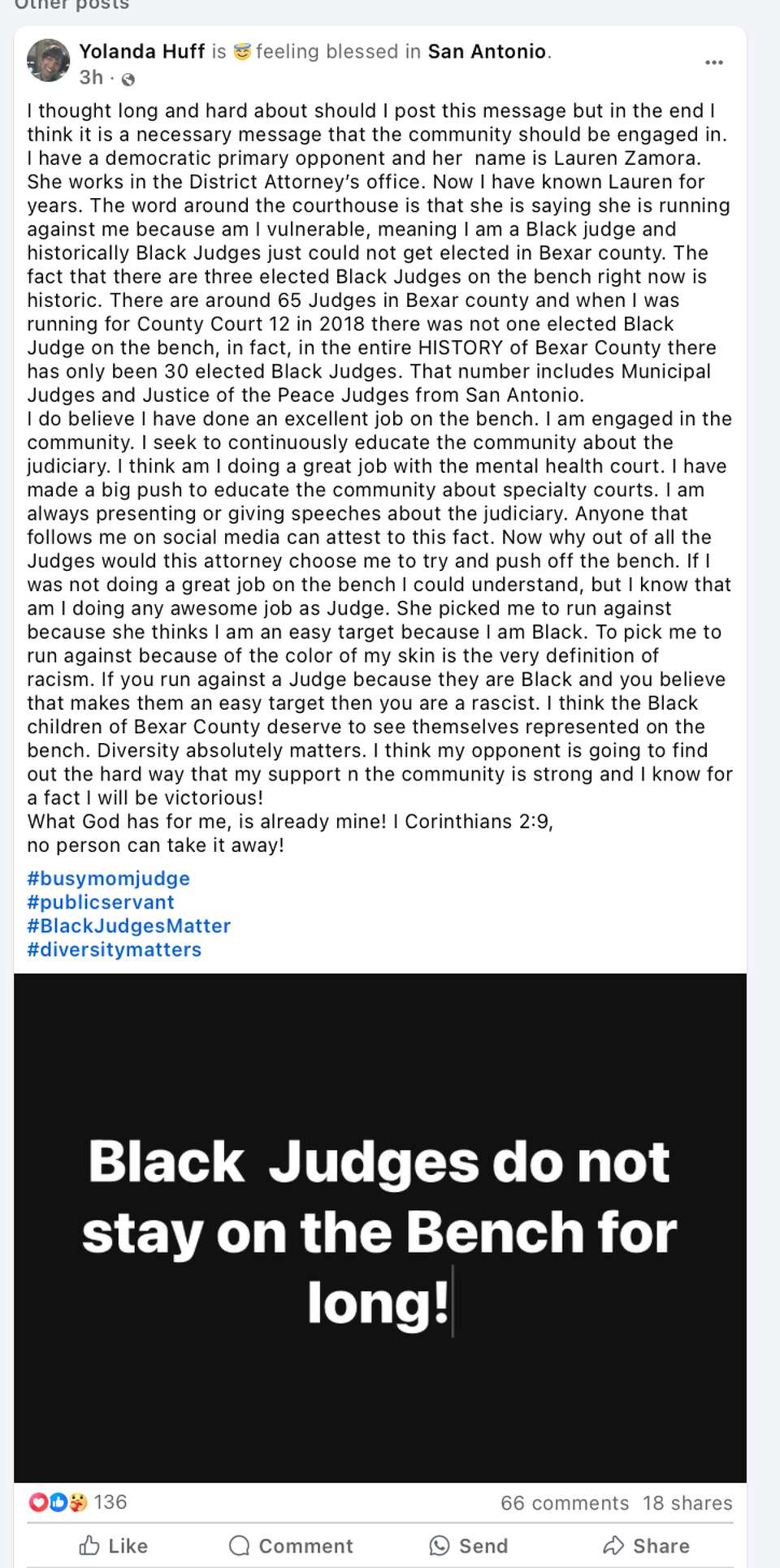 Judge Huff accuses opponent of challenge because she is Black