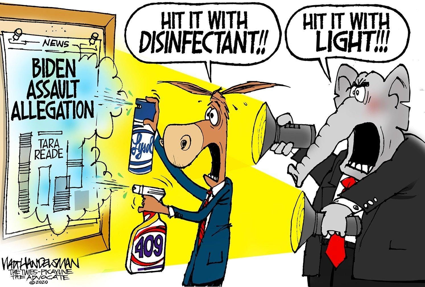Editorial cartoon: Disinfectant and light
