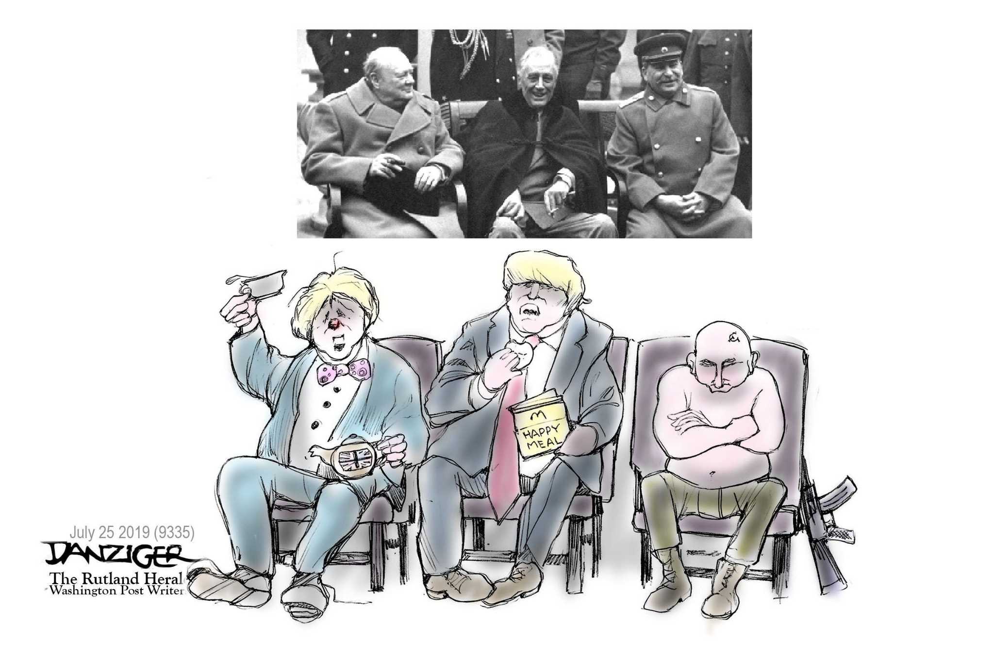 Editorial cartoon: The geopolitical "Big Three," 1945 and 2019