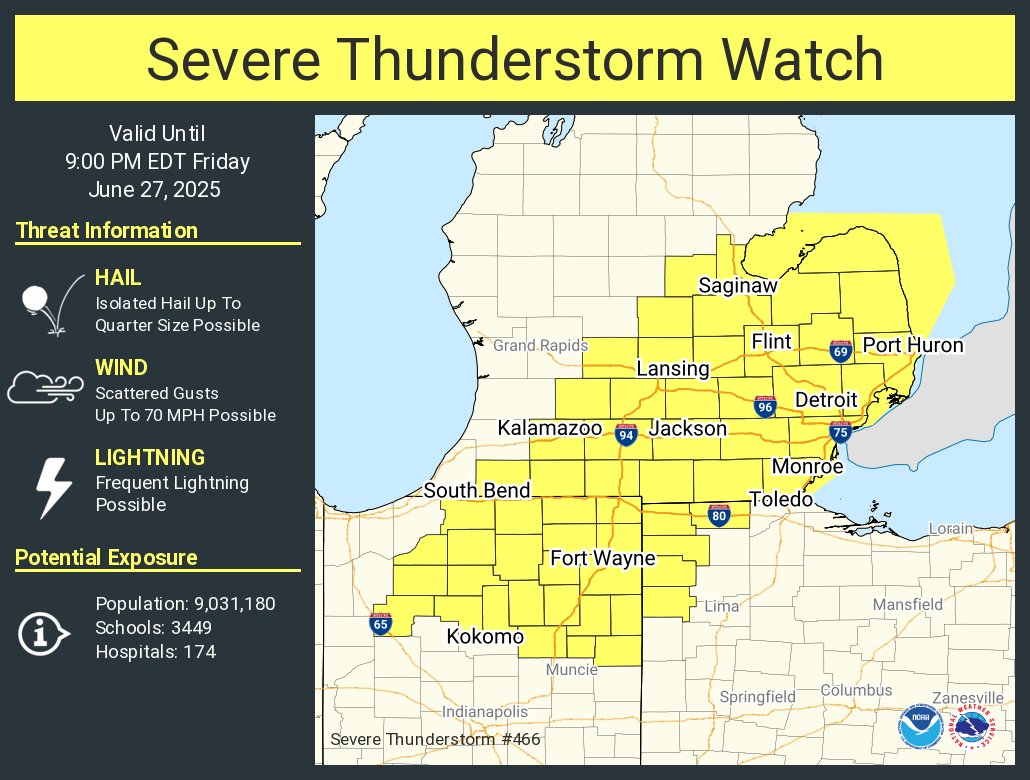 Severe thunderstorm watch issued for Michigan through 9 p.m. today