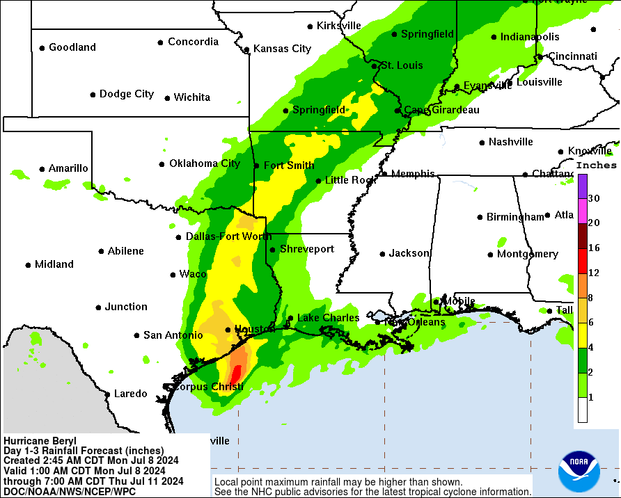 Hurricane Beryl to bring several inches of rain across Texas, US