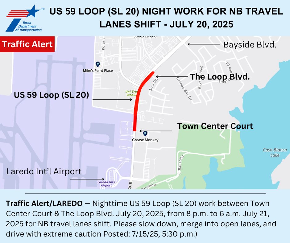 Overnight work to shift northbound traffic Sunday night on Loop 20