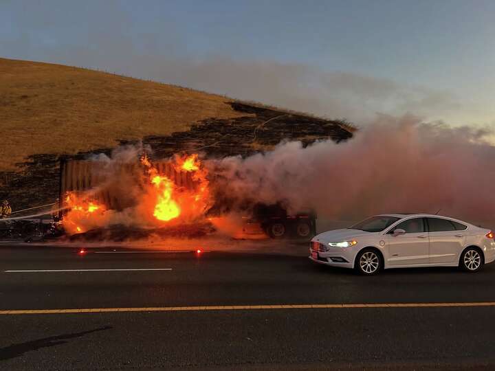 Big rig fire shuts down westbound I-580 at Altamont Pass