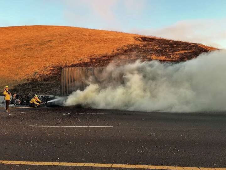 Big rig fire shuts down westbound I-580 at Altamont Pass
