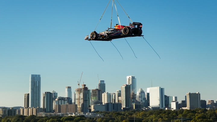 Red Bull flies F1 car by helicopter through Austin skies