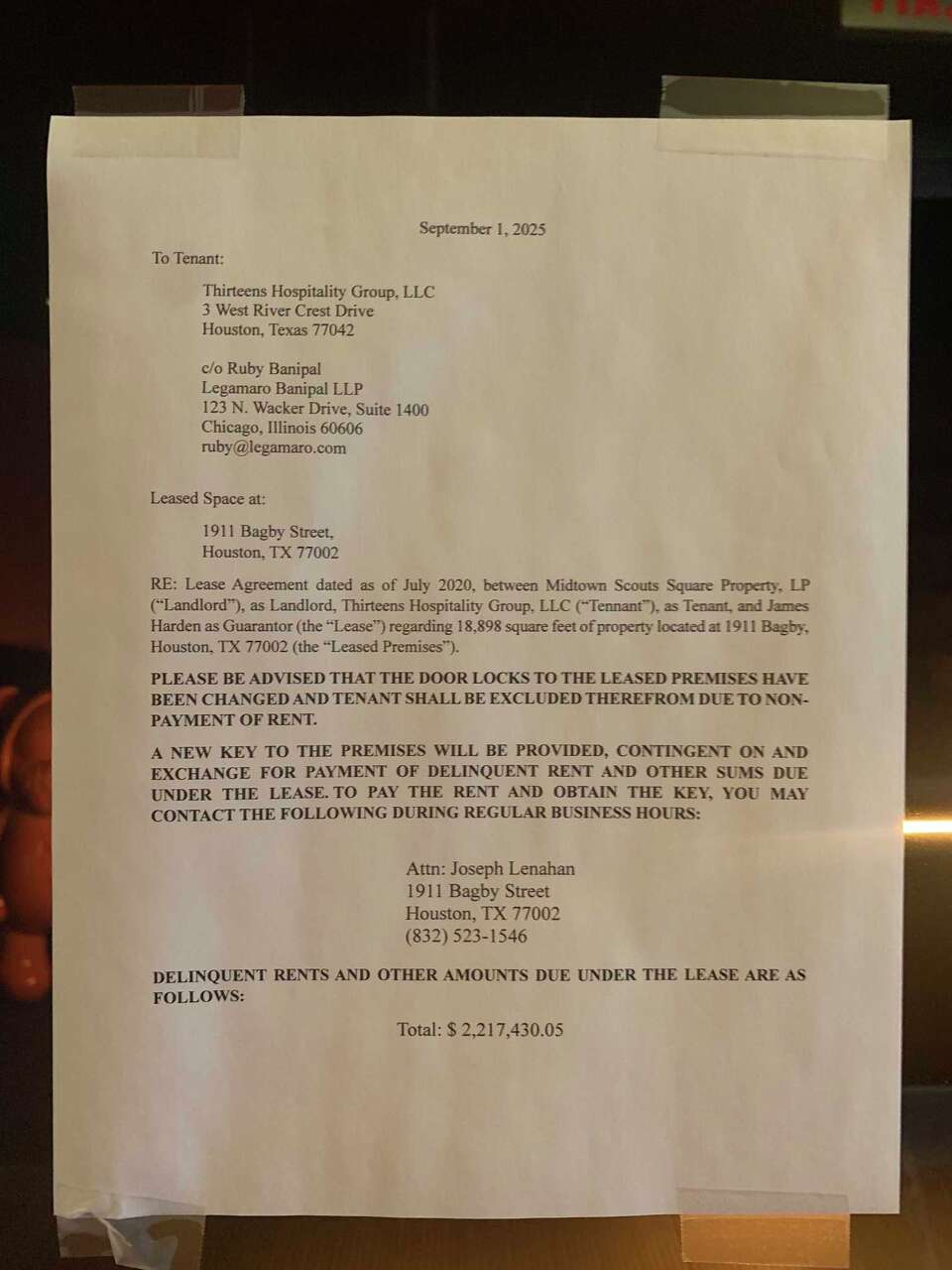 James Harden's Houston restaurant Thirteen locked out over unpaid rent