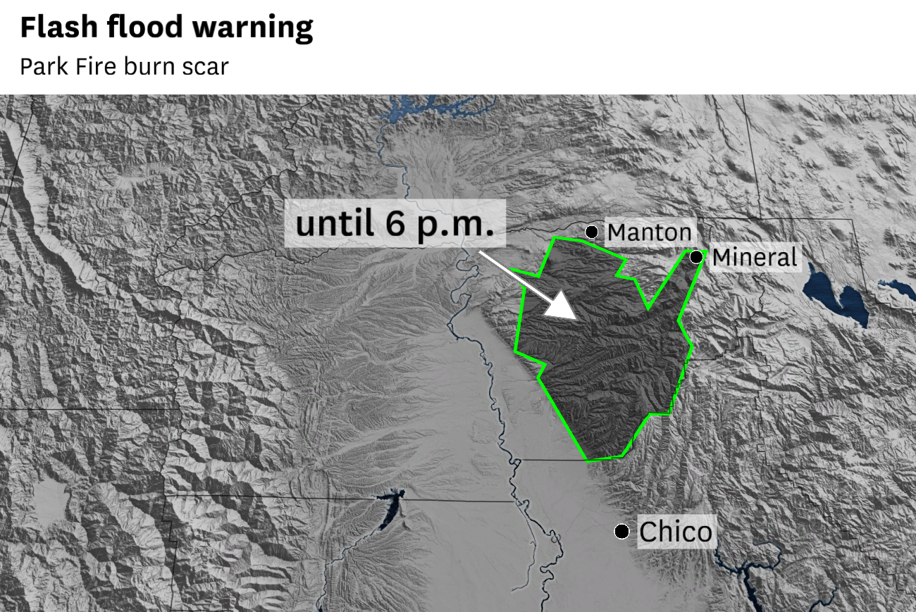 Flooding warned near Park Fire scar, downpours hit Northern California