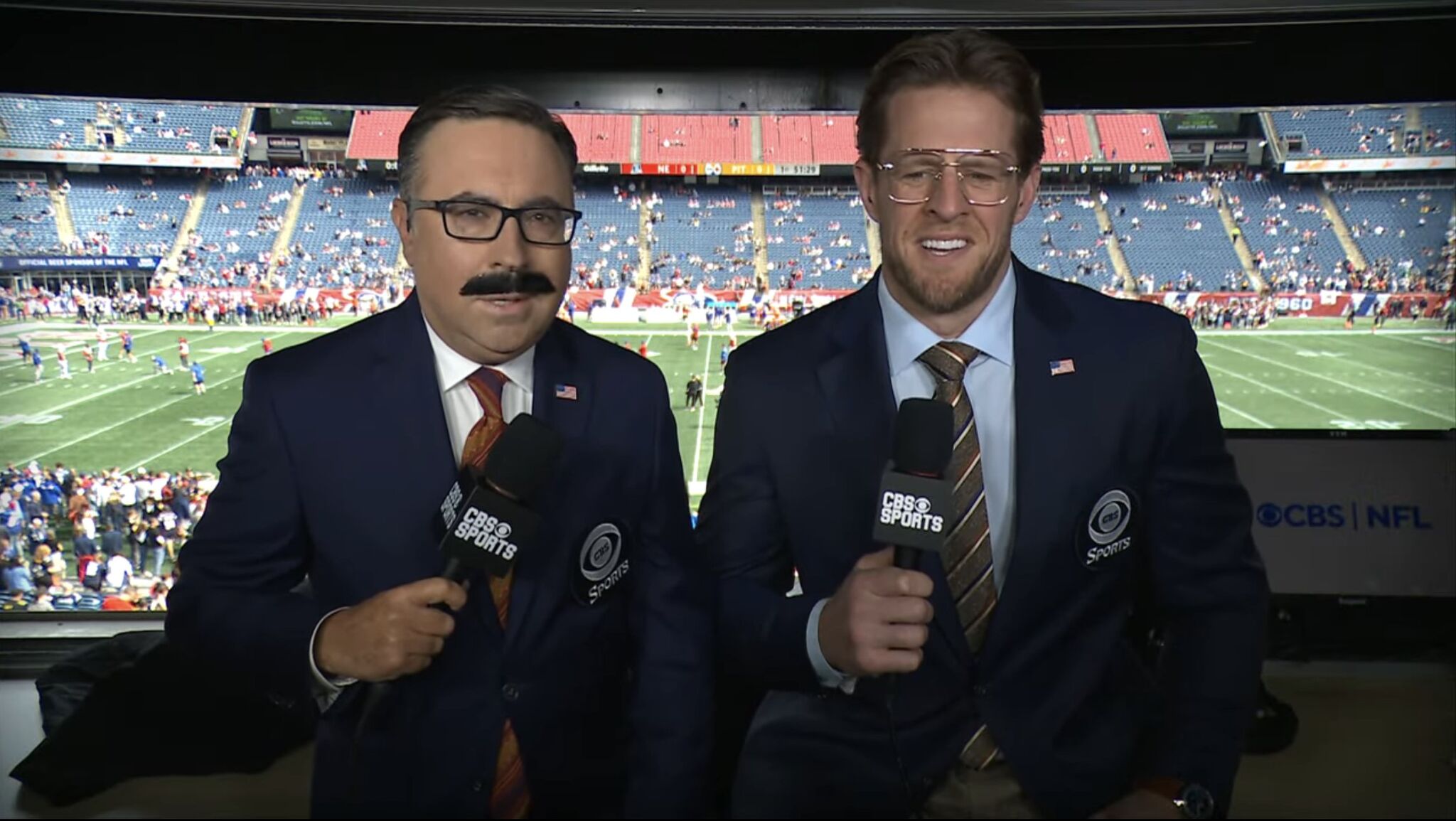 JJ Watt wears 1970s glasses on Patriots vs Steelers broadcast