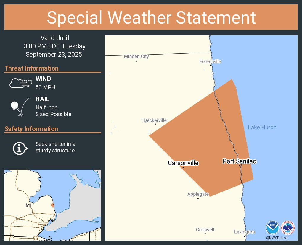 Thunderstorm with potentially half inch hail hitting Sanilac County