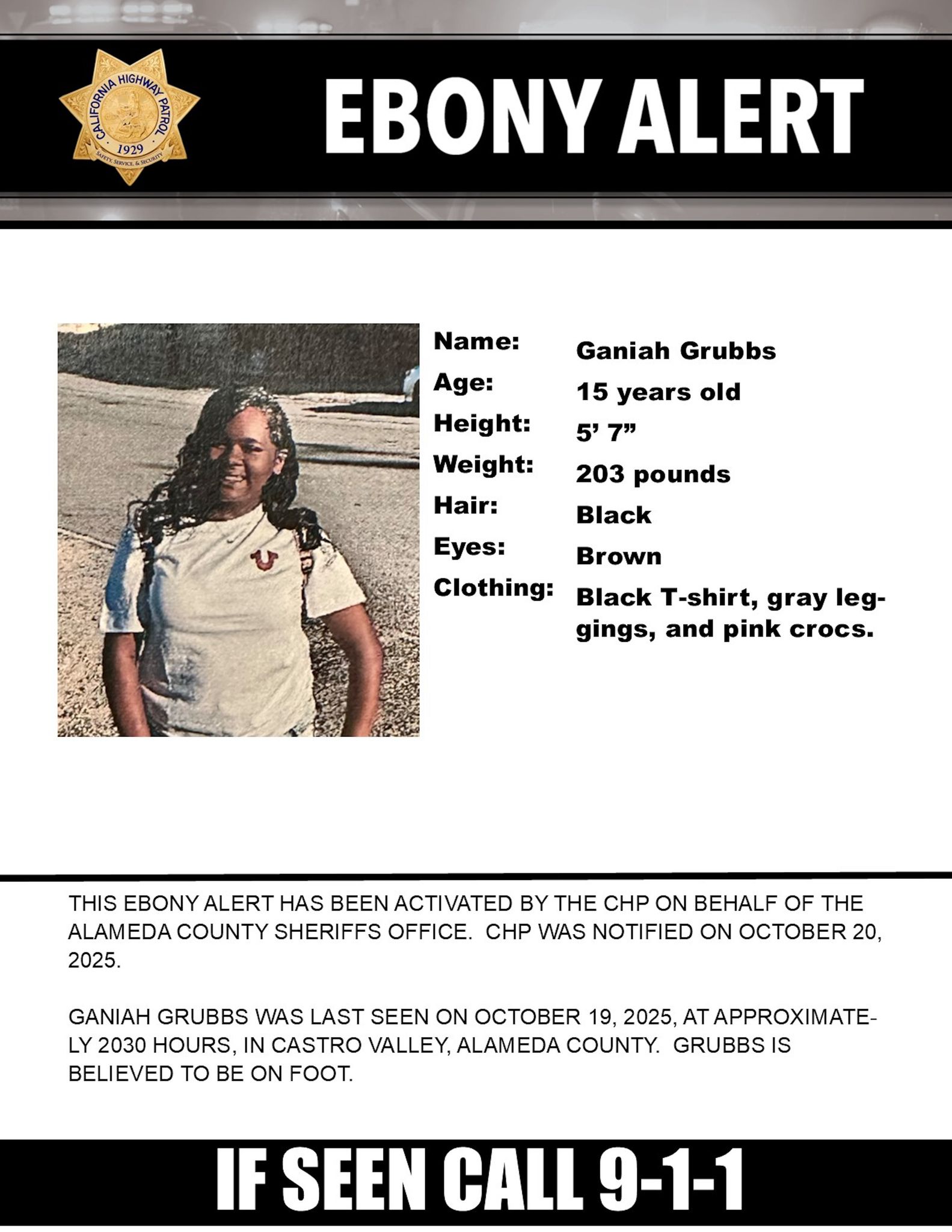 Regional: Chp Issues Ebony Alert For 15-Year-Old Girl Last Seen In ...
