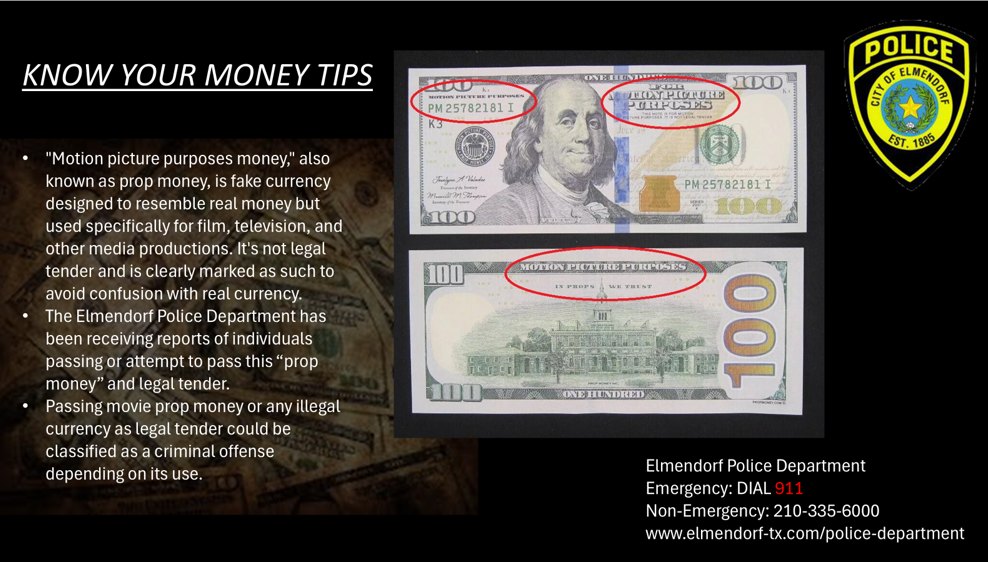 Elmendorf police warn of counterfeit movie prop cash