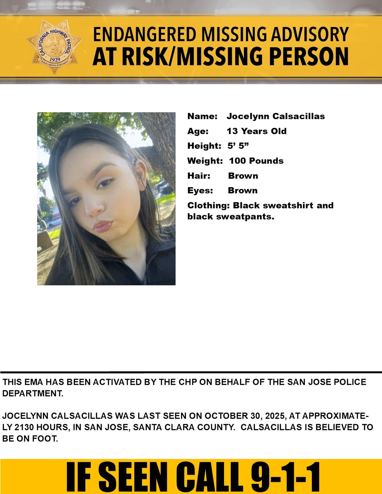 SJ: Chp Issues Missing Advisory For 13-Year-Old Girl