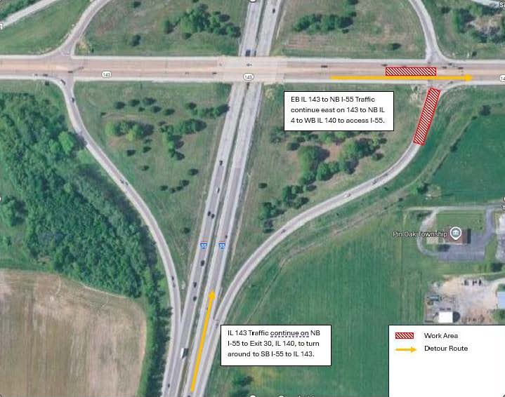 I-55 ramps closed, lane work on Illinois 143 this week