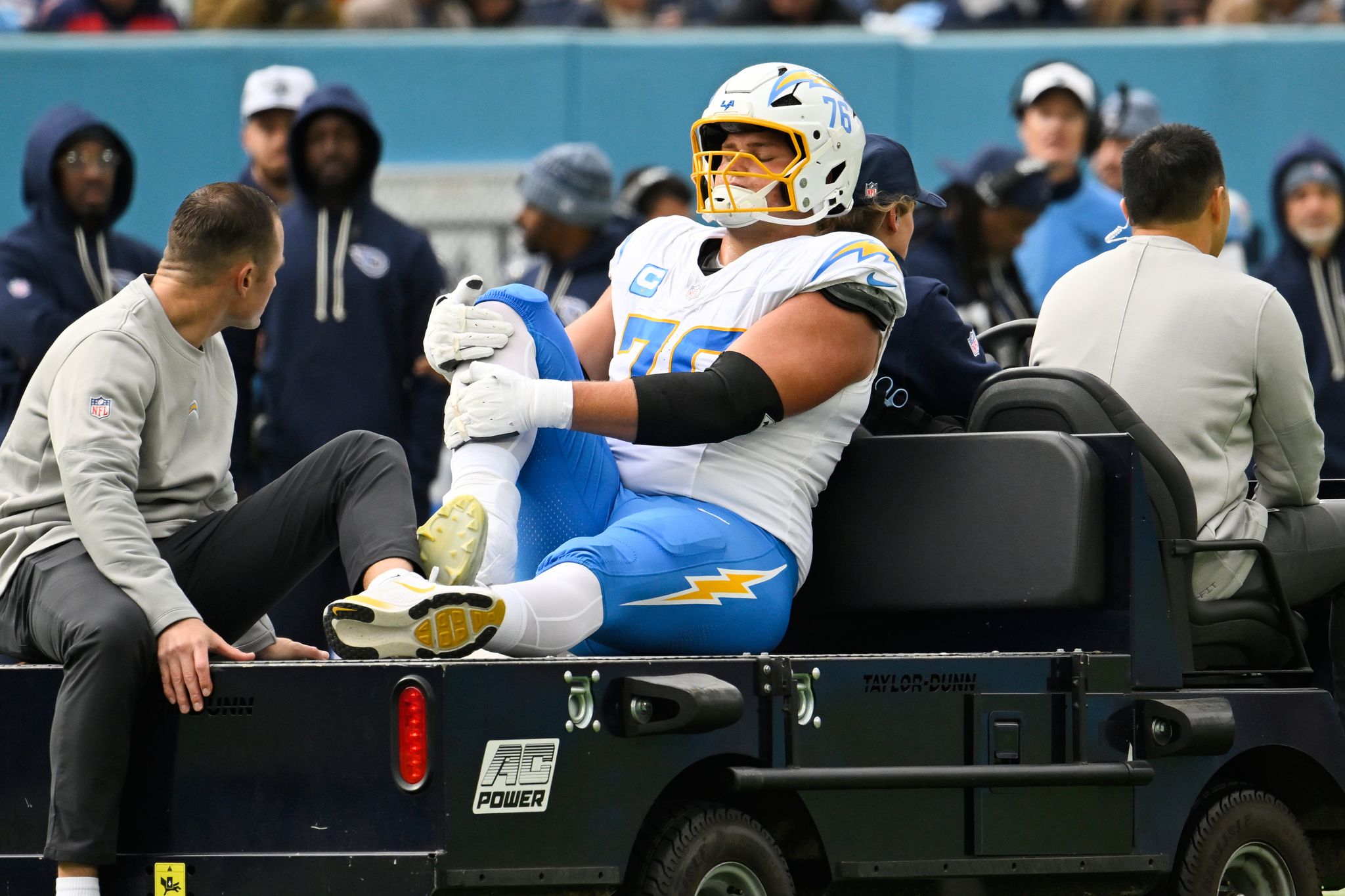 Chargers' Joe Alt carted off field with ankle injury against Titans