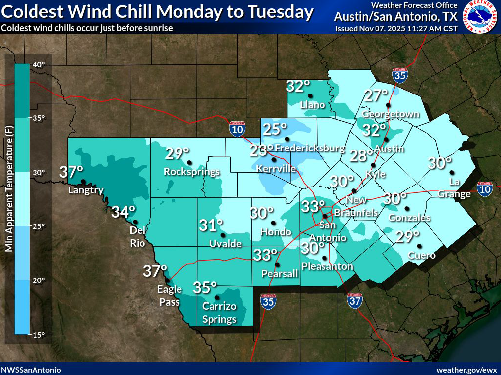 South Texas: Wind chills to fall to 20s and 30s by early Monday