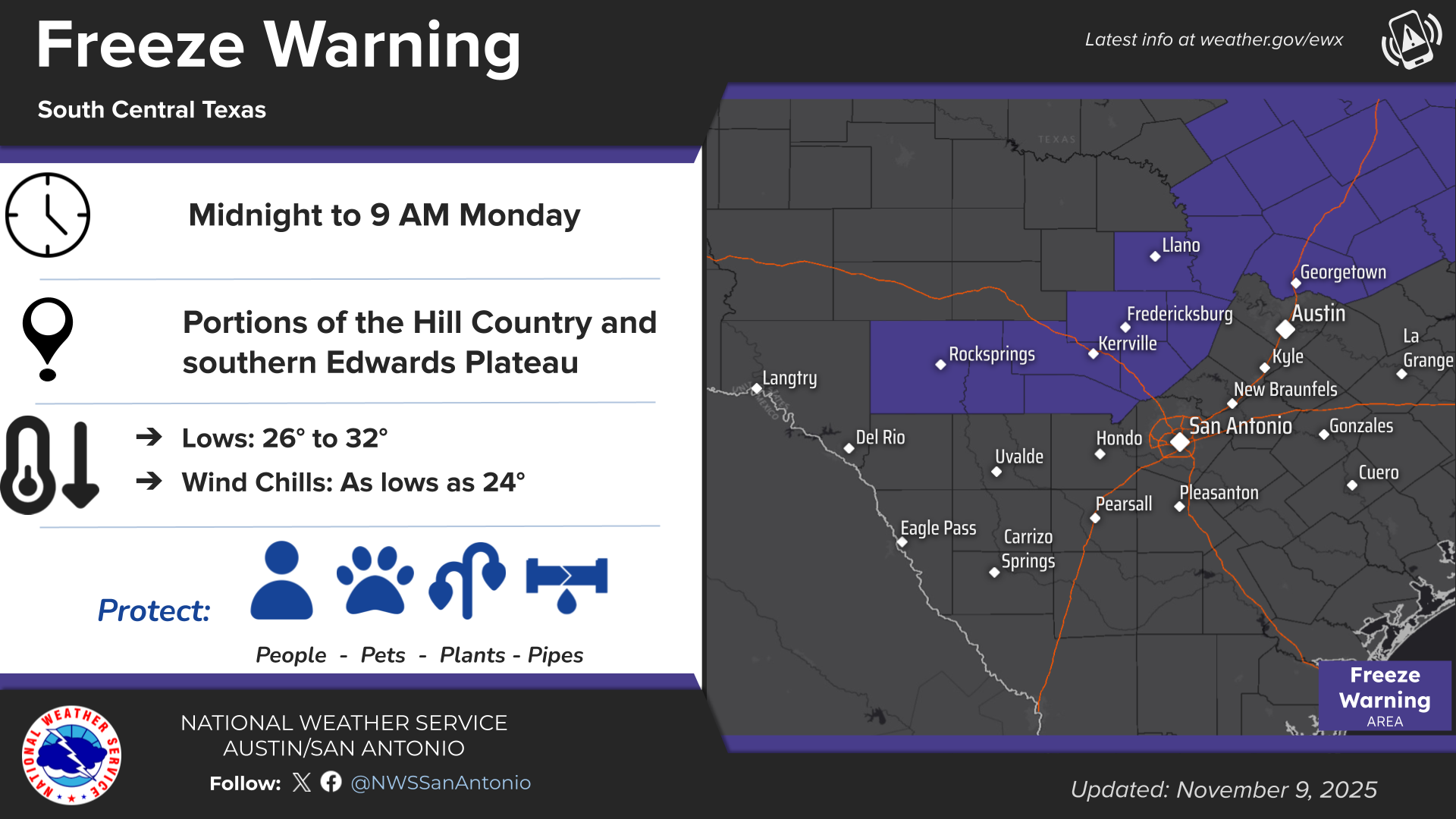 Freeze warning issued for Texas Hill Country tonight into Monday