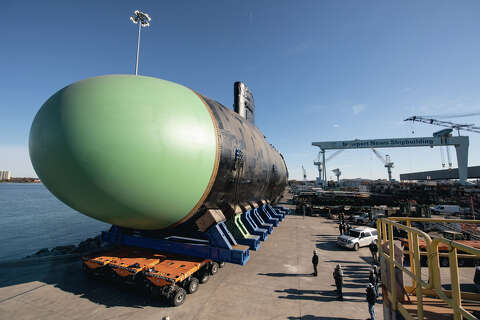 Huge bow section sails into Groton for 1st sub in new Columbia class