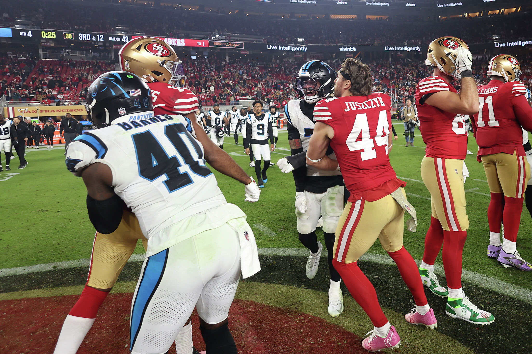 49ers’ Jauan Jennings waits to retaliate after being punched in groin