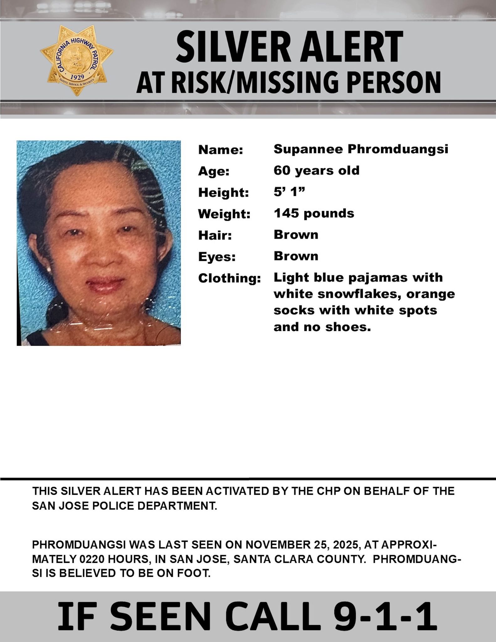 SJ: Chp Issues Silver Alert For Missing 60-Year-Old Woman