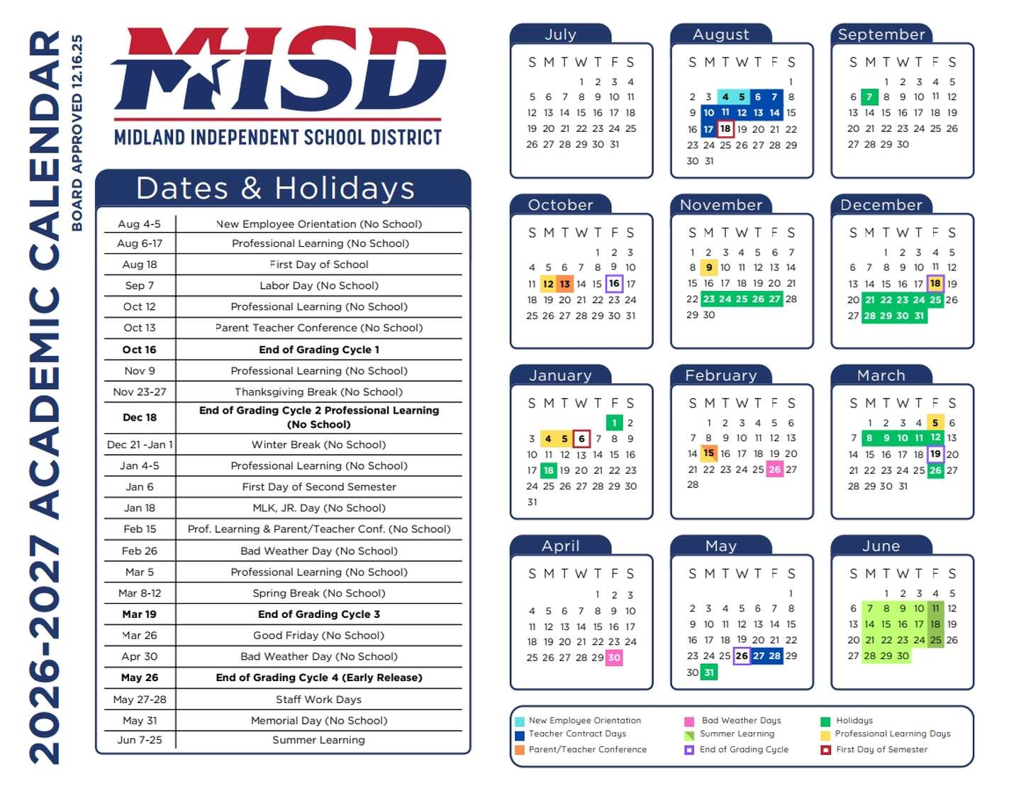 Midland ISD approves 2026-27 calendar with Aug. 18 start