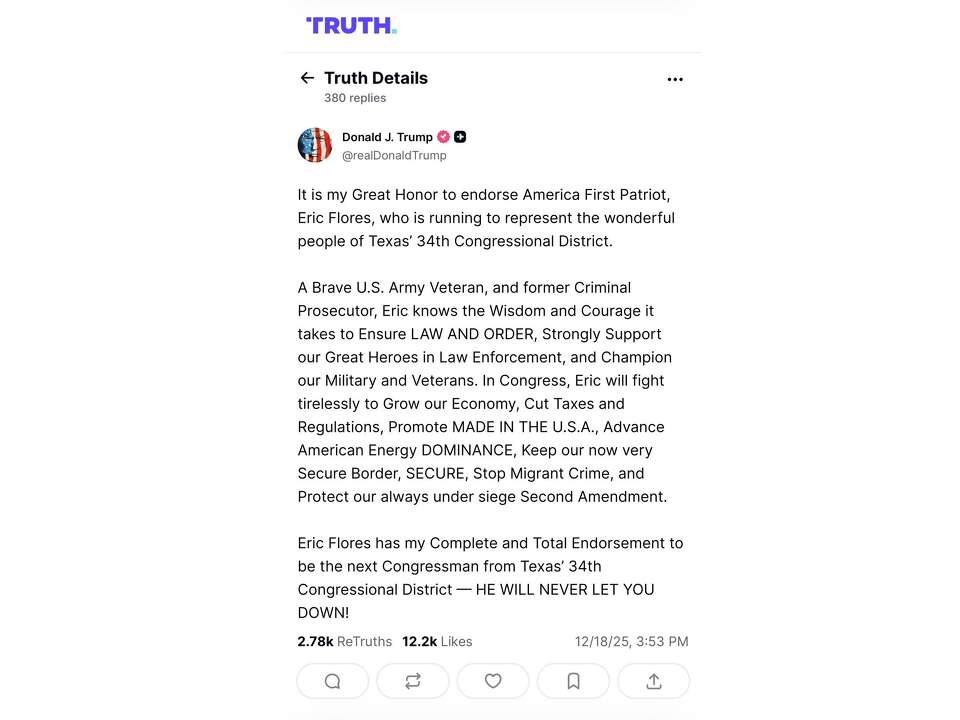 Trump backs Eric Flores over Mayra in Texas District 34 race