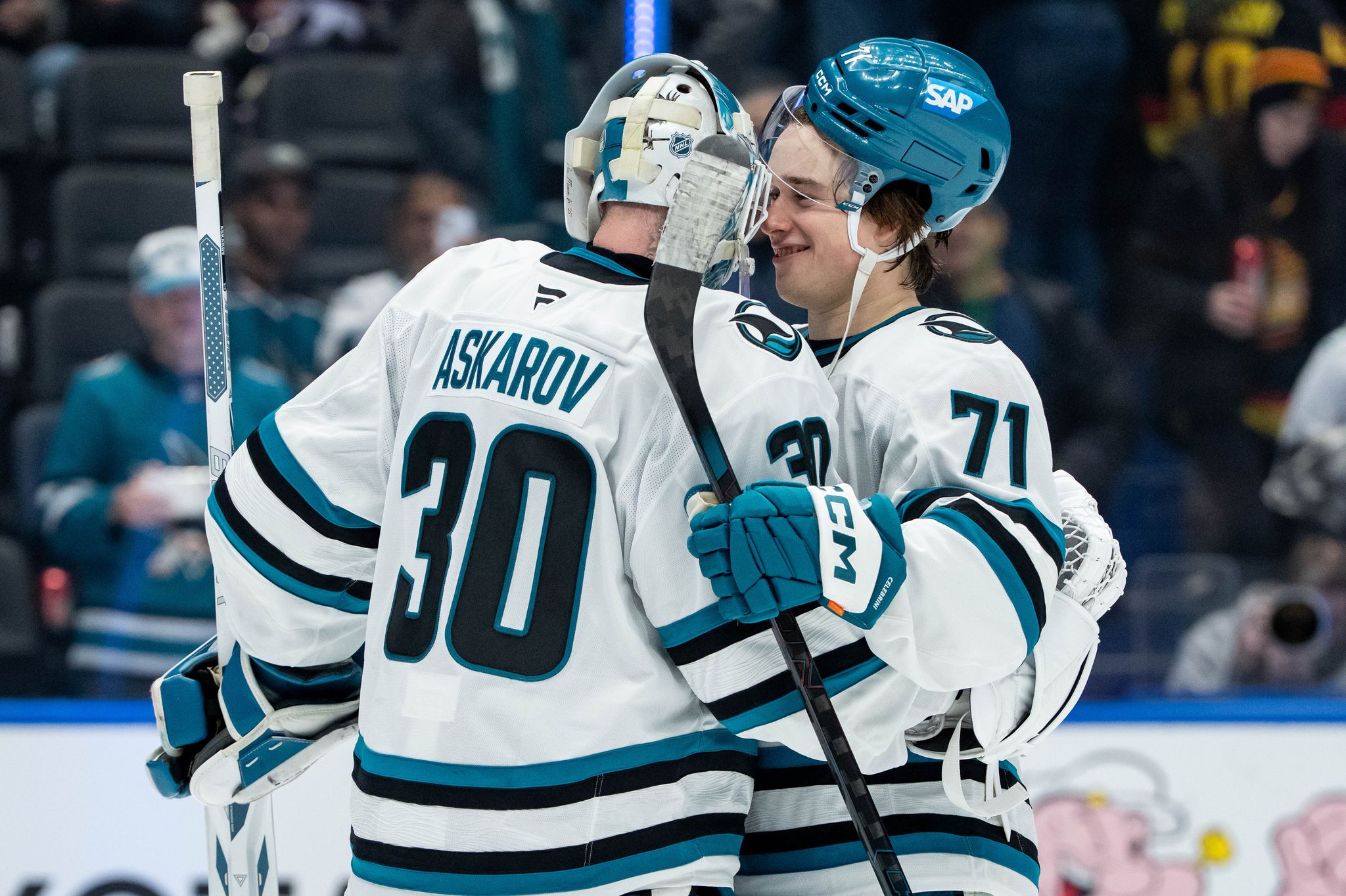 Celebrini gets goal and assist in return home as Sharks top Canucks 6-3 ...