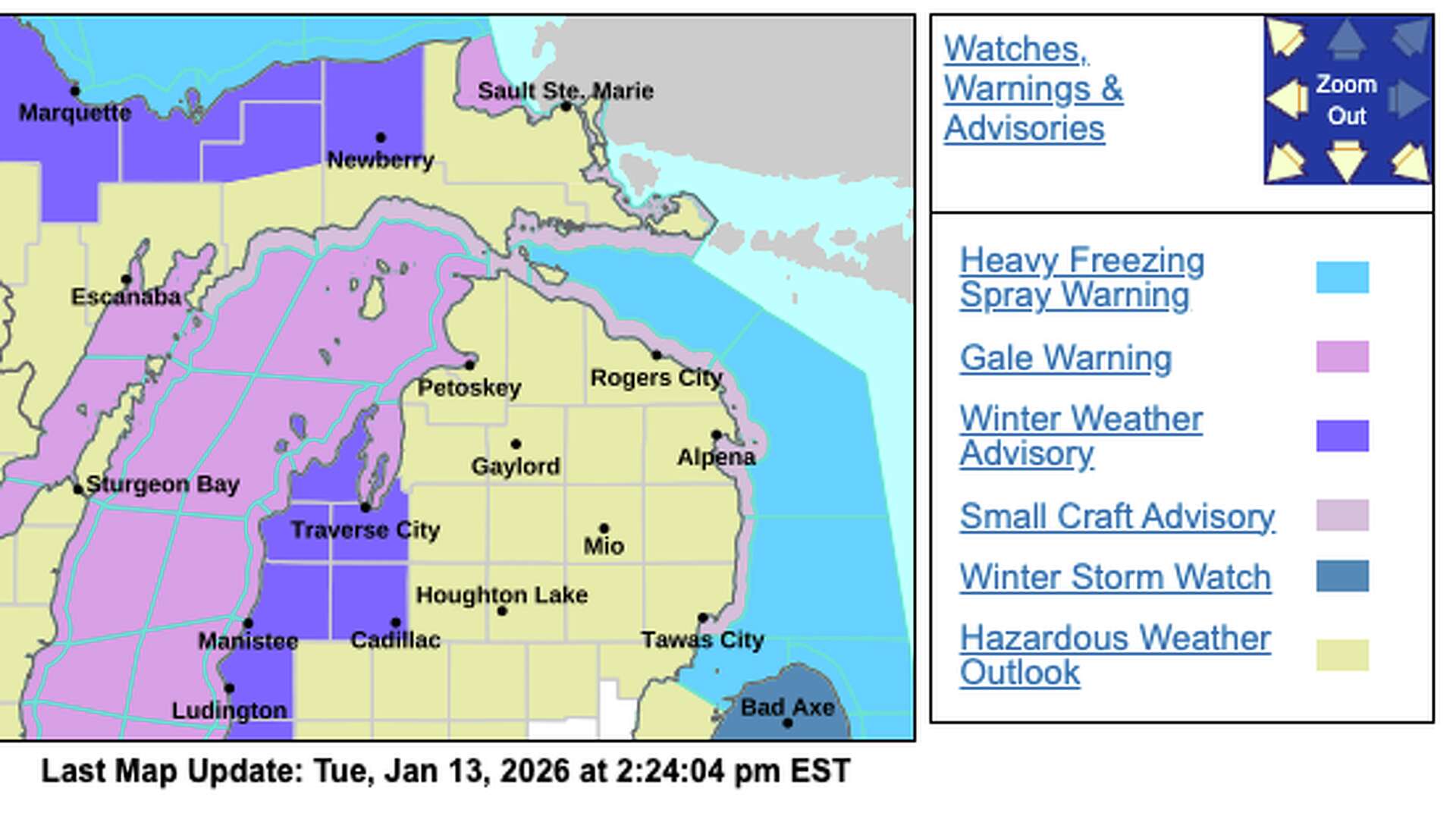 Northern Michigan counties under winter weather alerts Jan. 14