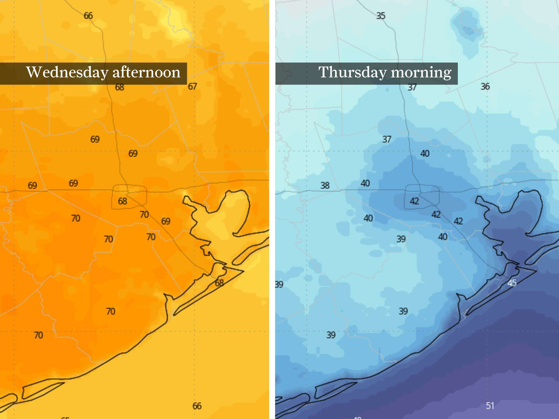 Warm break for Houston. How far will temps drop with cold front?