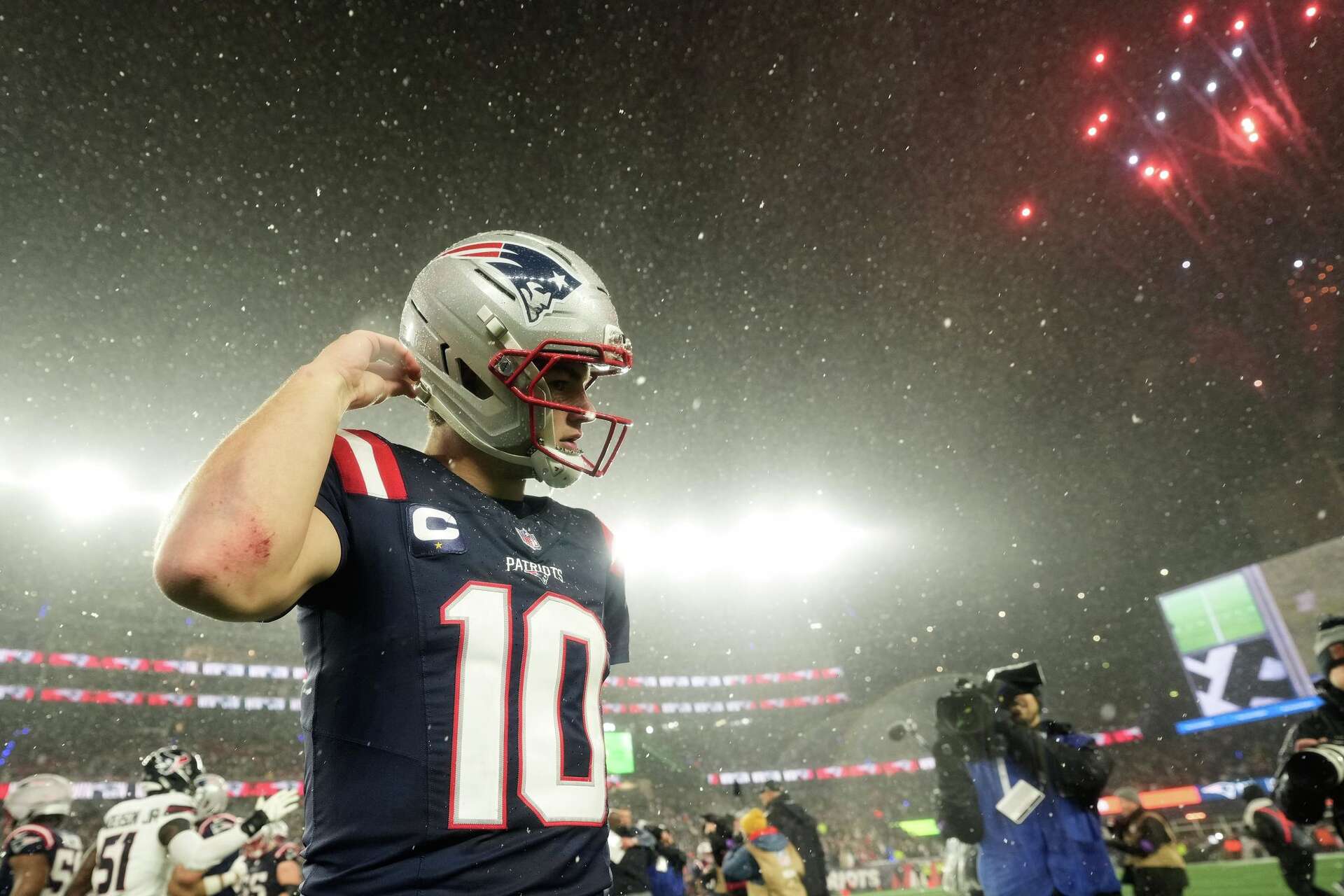 The AP NFL MVP finalists are Allen, Lawrence, Maye, McCaffrey and Stafford