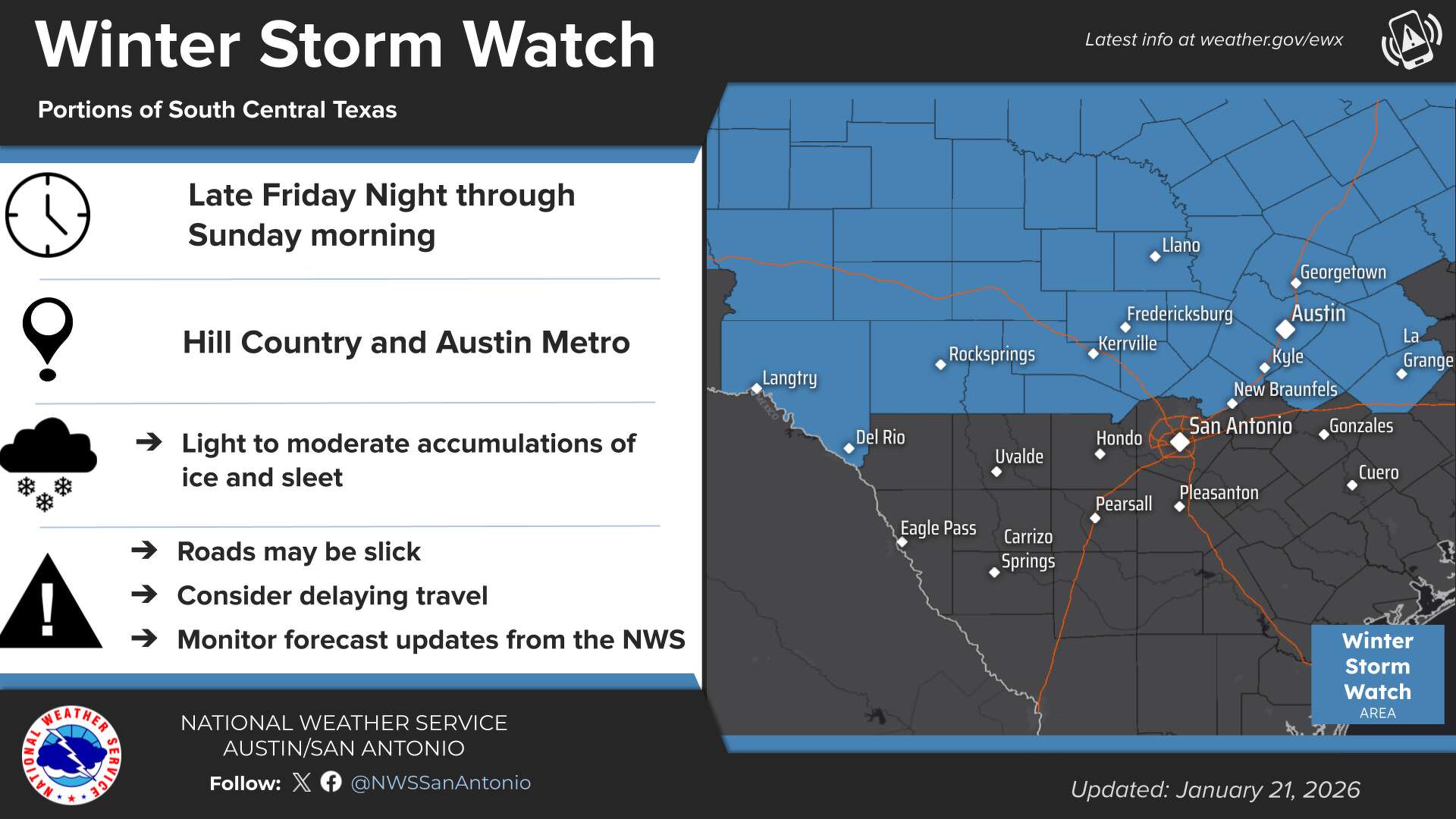 Winter storm watch issued for Texas Hill Country and Austin area