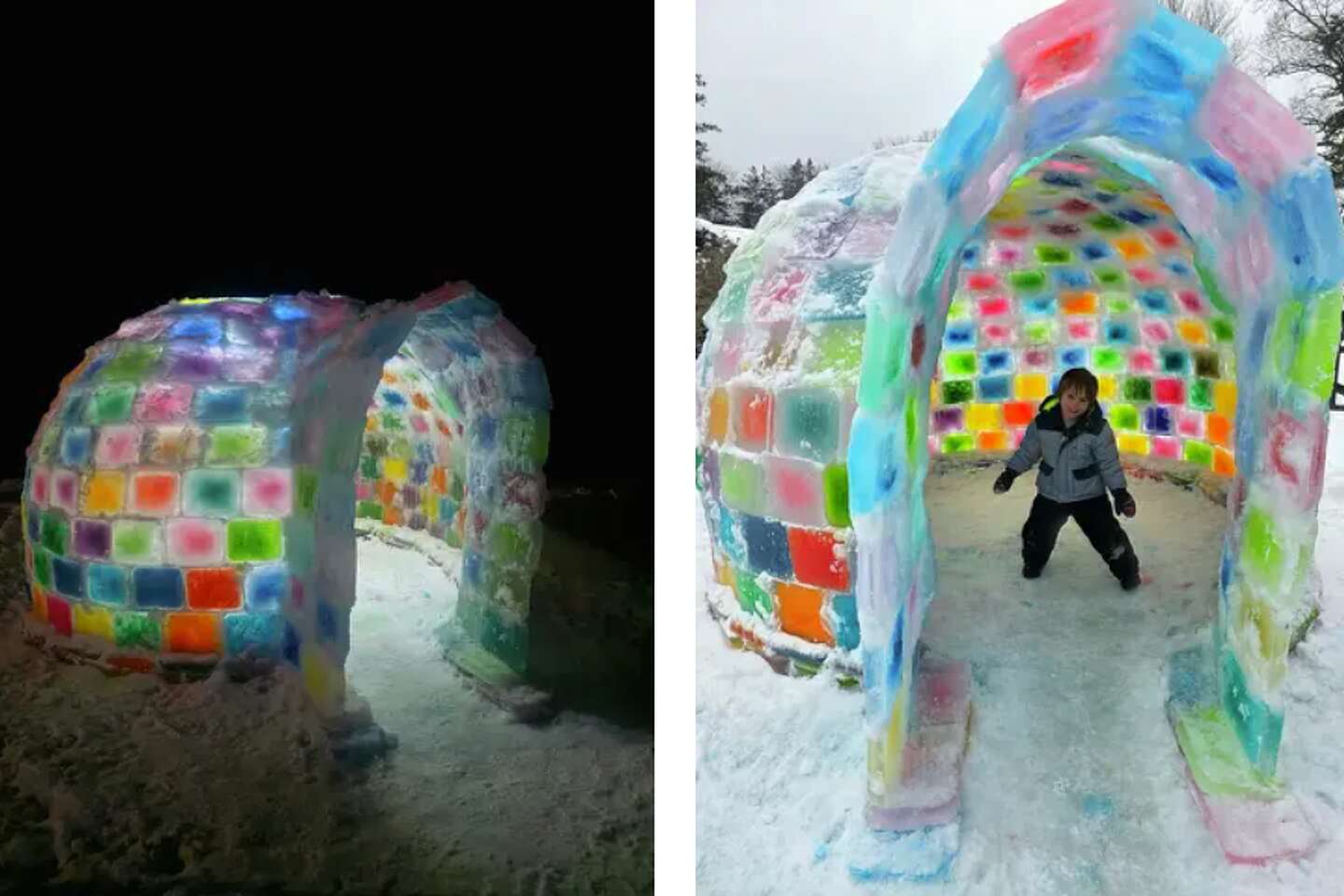 CT family makes a homemade rainbow igloo during winter storm