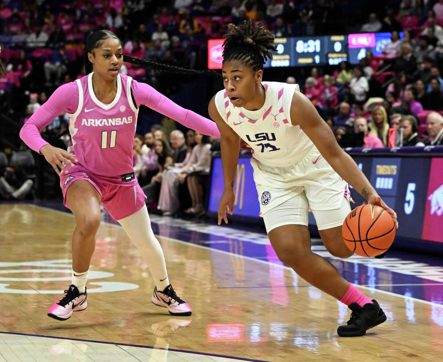 No. 6 LSU women pull away after slow start to beat Arkansas 92-70