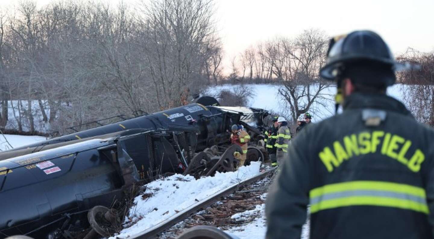 Route 32 in Mansfield closed as derailed train cars drained of propane