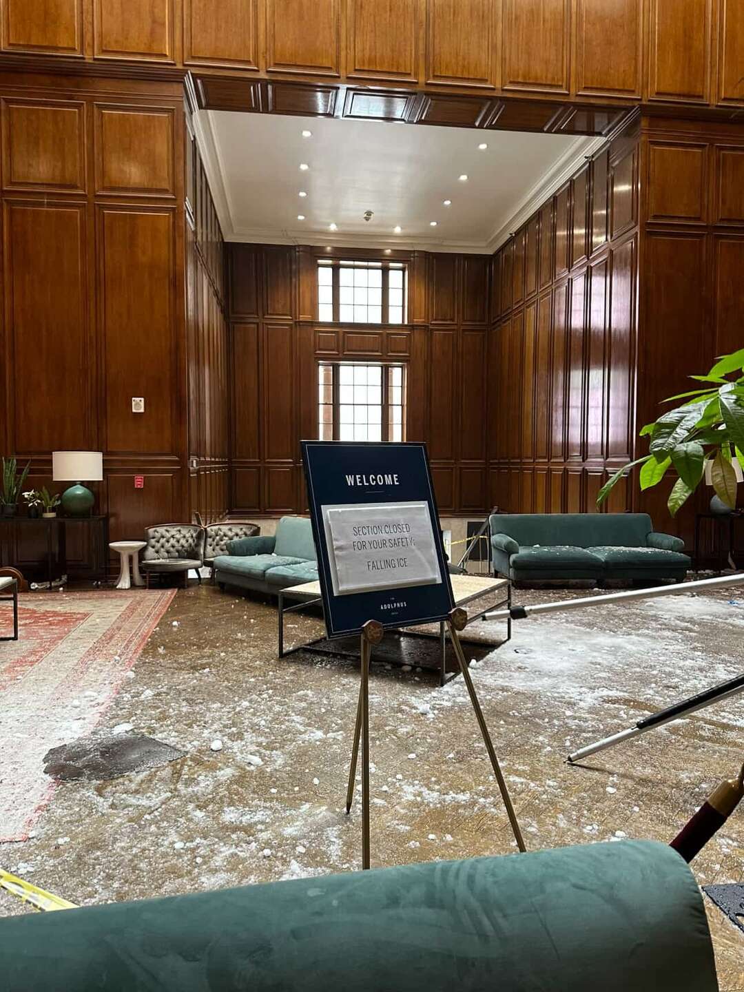 Ice sheets fall through The Adolphus' glass atrium