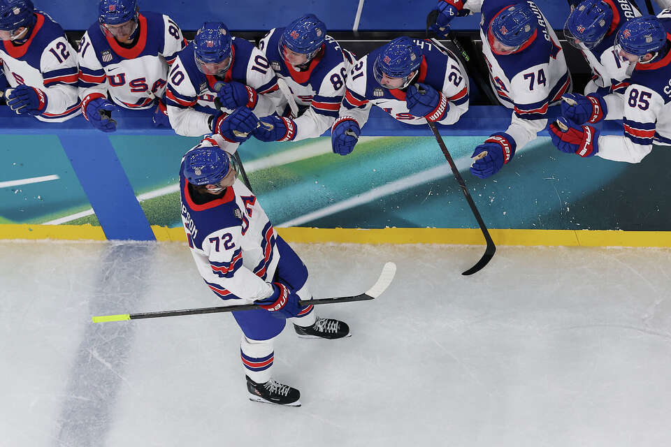 CT's Tage Thompson scores a goal in his first Olympic hockey game