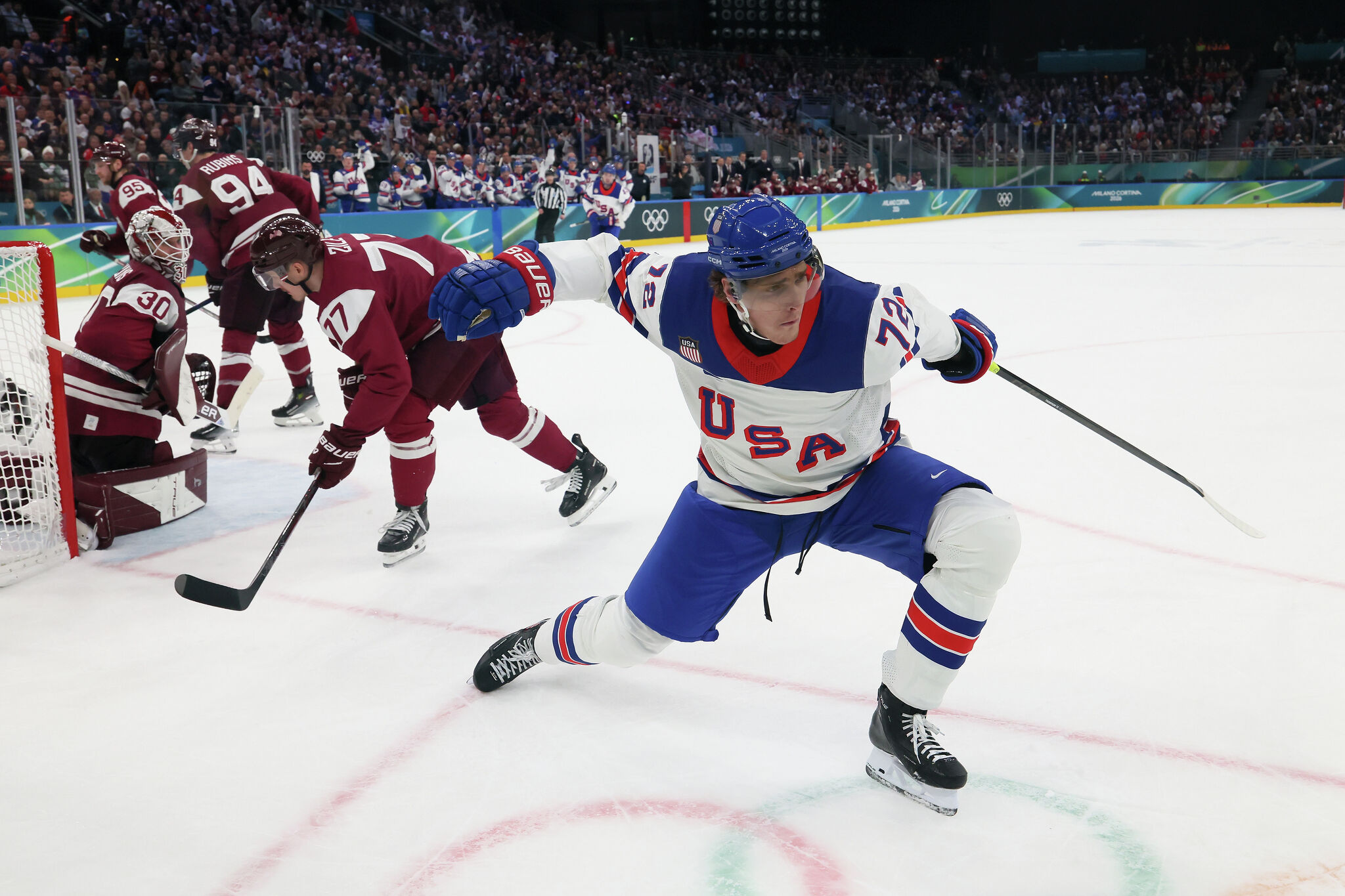 CT's Tage Thompson scores a goal in his first Olympic hockey game