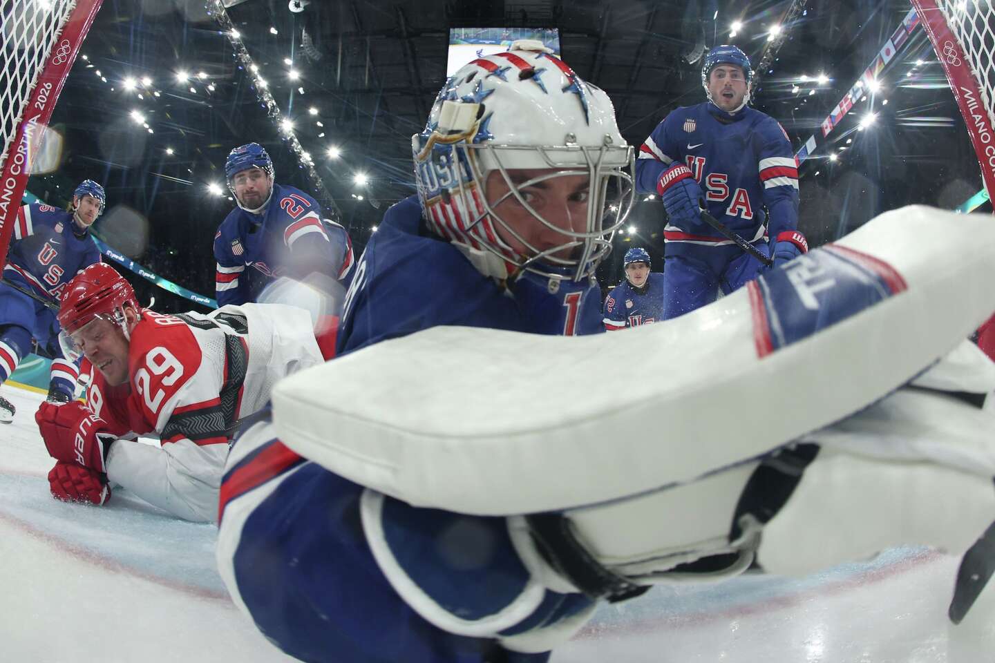 American Jeremy Swayman allows a long-distance goal against Denmark at ...