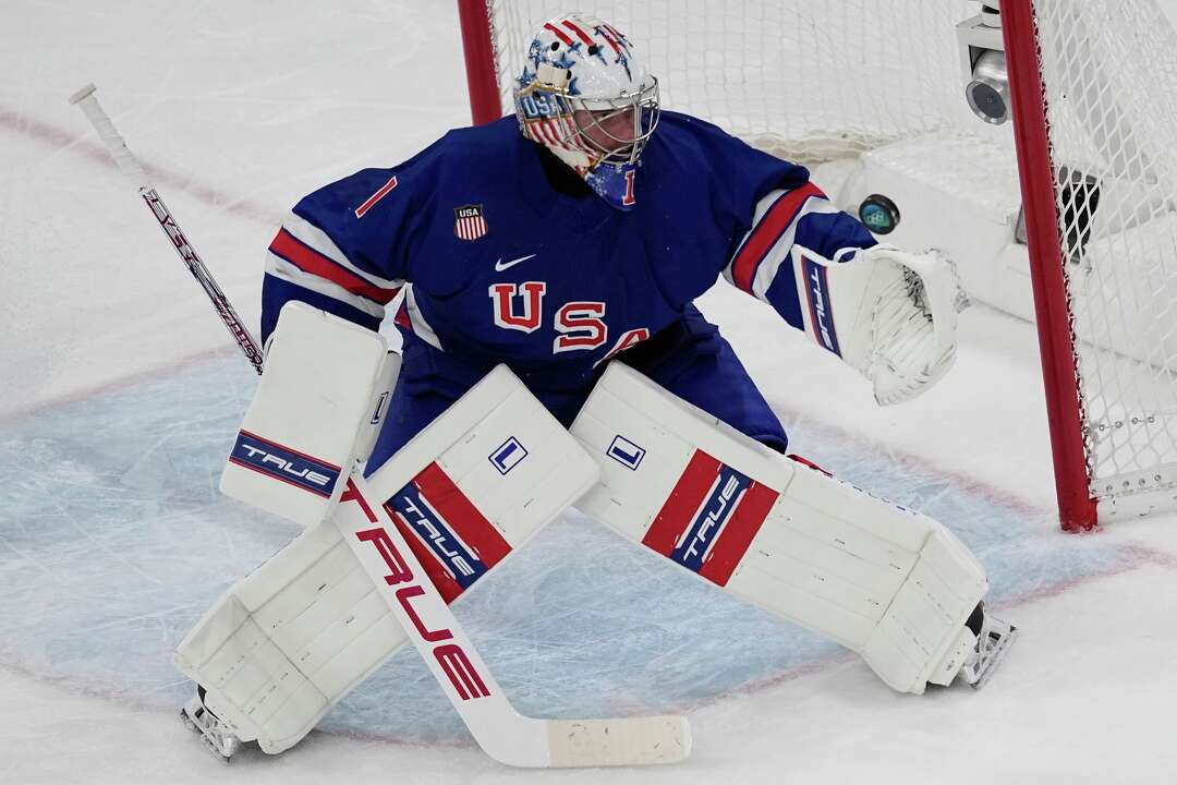American Jeremy Swayman allows a long-distance goal against Denmark at ...
