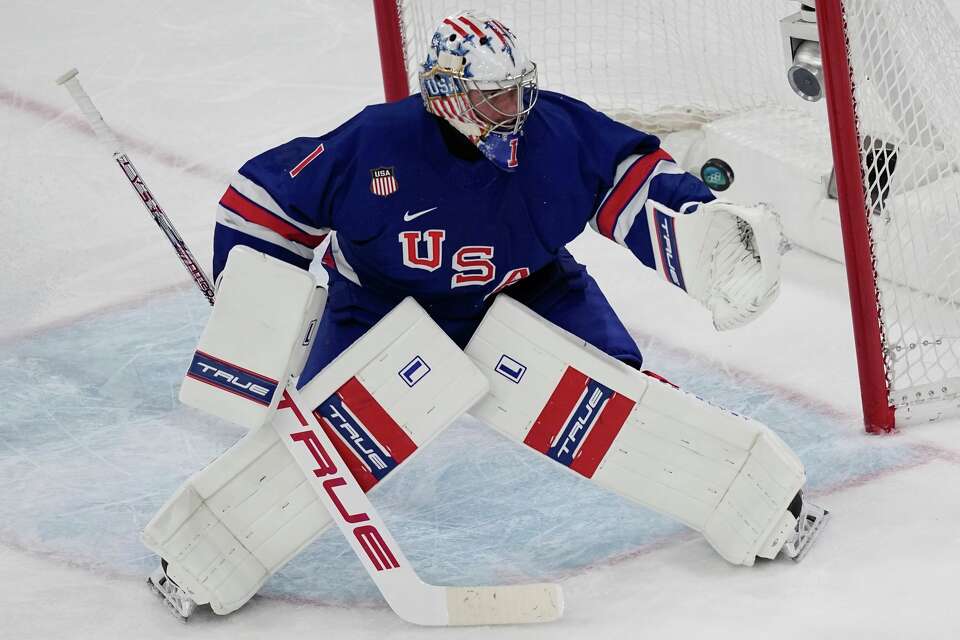 American Jeremy Swayman allows a long-distance goal against Denmark at ...