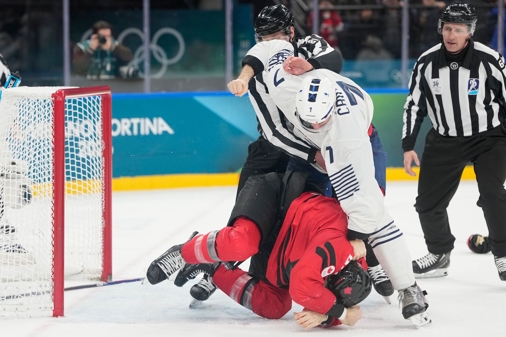 Tom Wilson fights in Canada's game vs. France at the Olympics