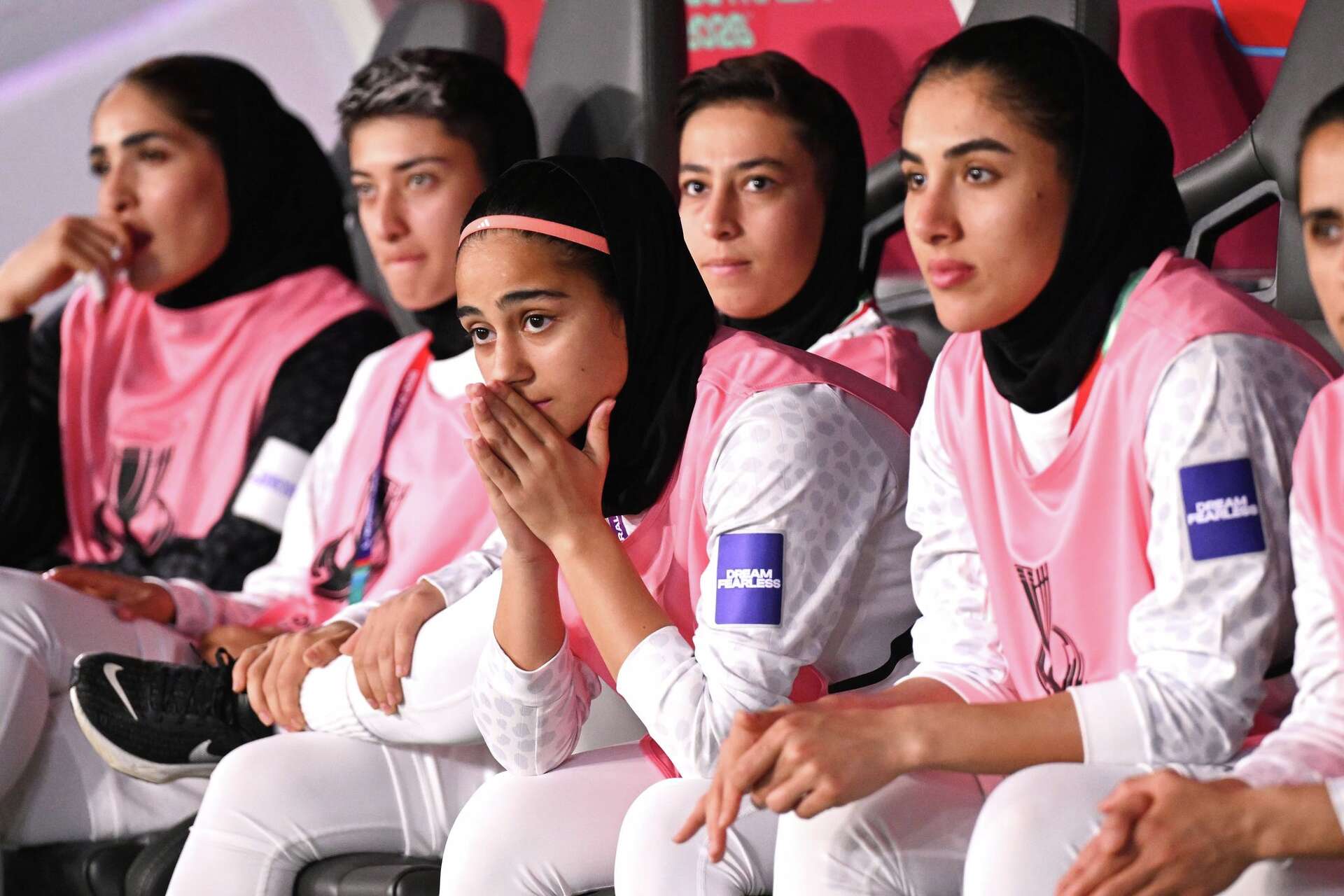 Iran player Sara Didar holds back tears responding to a war-related ...