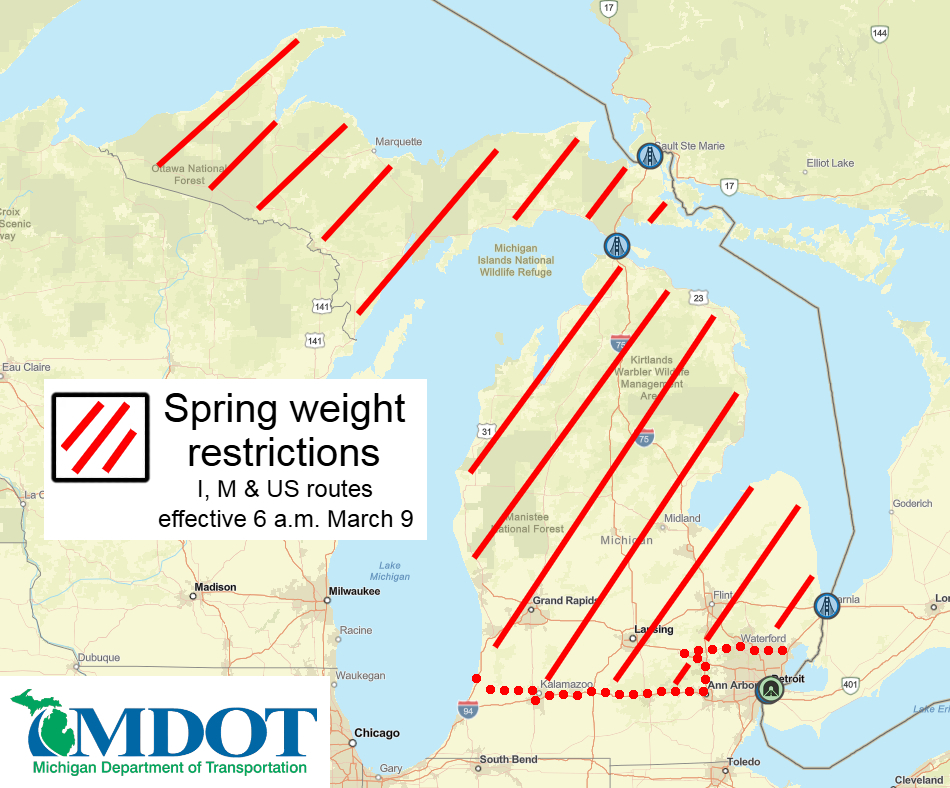 Michigan lifts spring weight limits on far southern roads