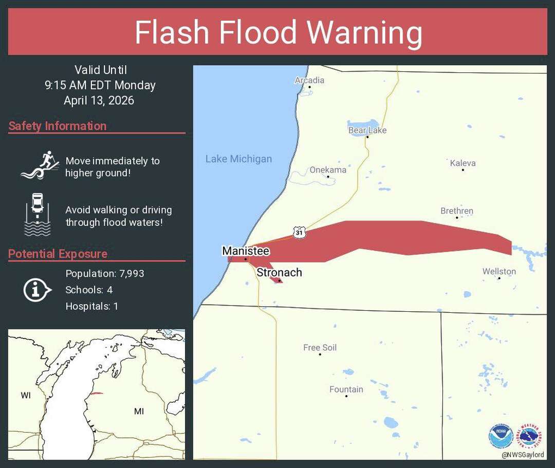 Flash flood warning issued for Manistee County downstream of Tippy Dam