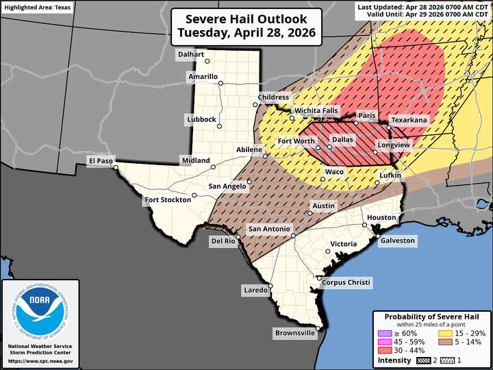 These parts of Texas face a threat of large hail and tornadoes Tuesday