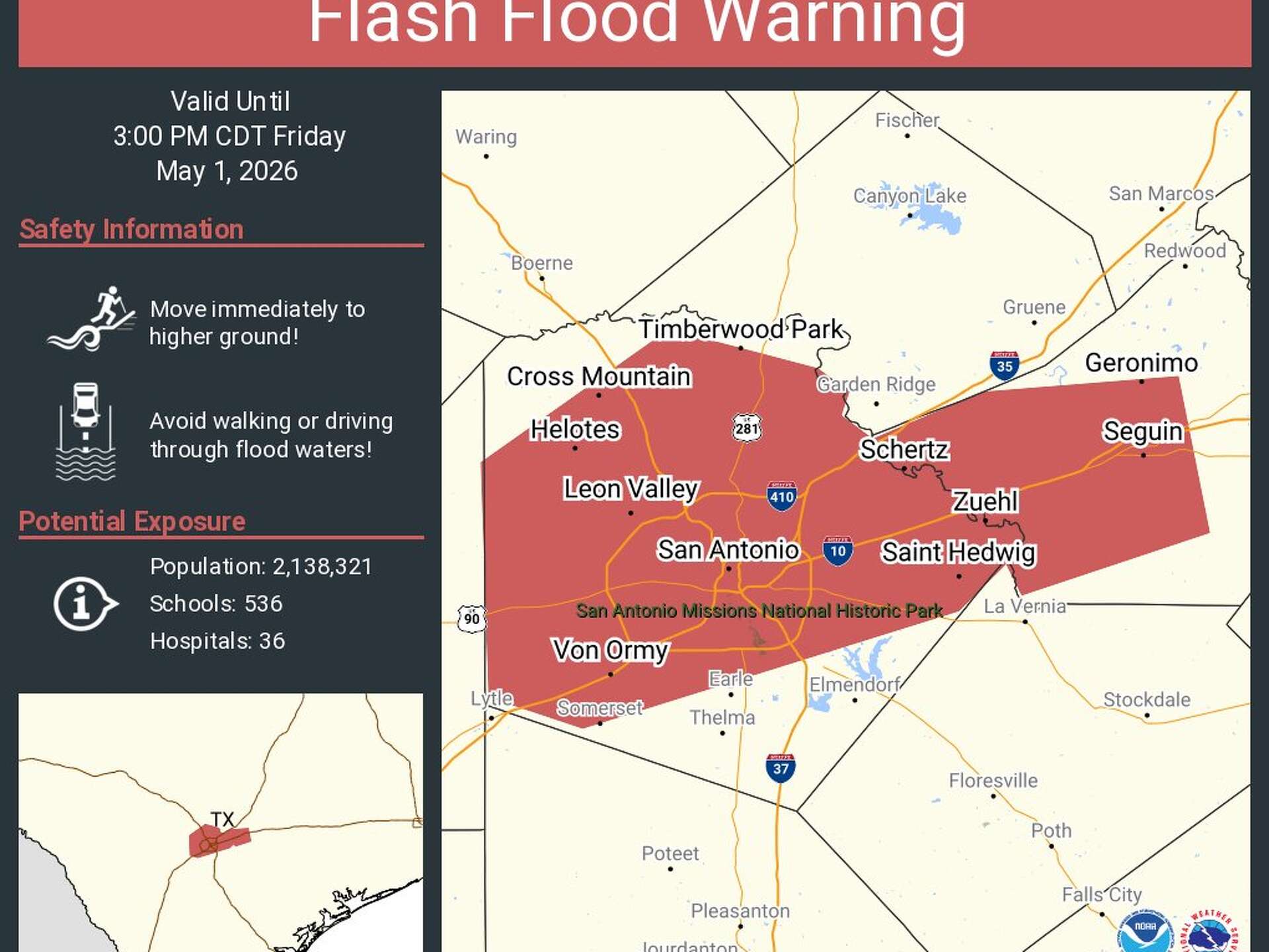 San Antonio flood warning extended to 3 p.m. More rain on the way