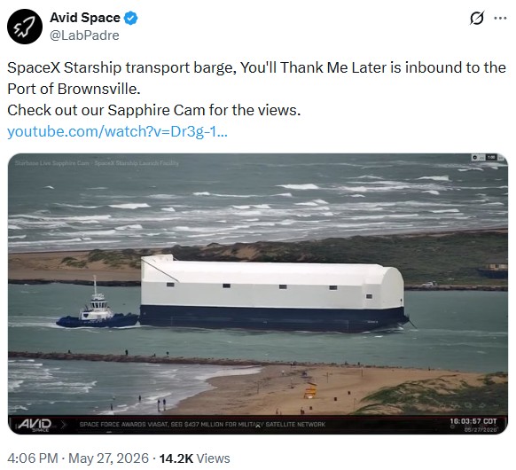Ark-like barge will haul SpaceX Starships to Florida